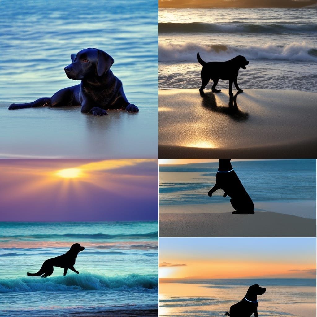 Black labrador on beach with waves coming in, deep blue sea, sunrise ...