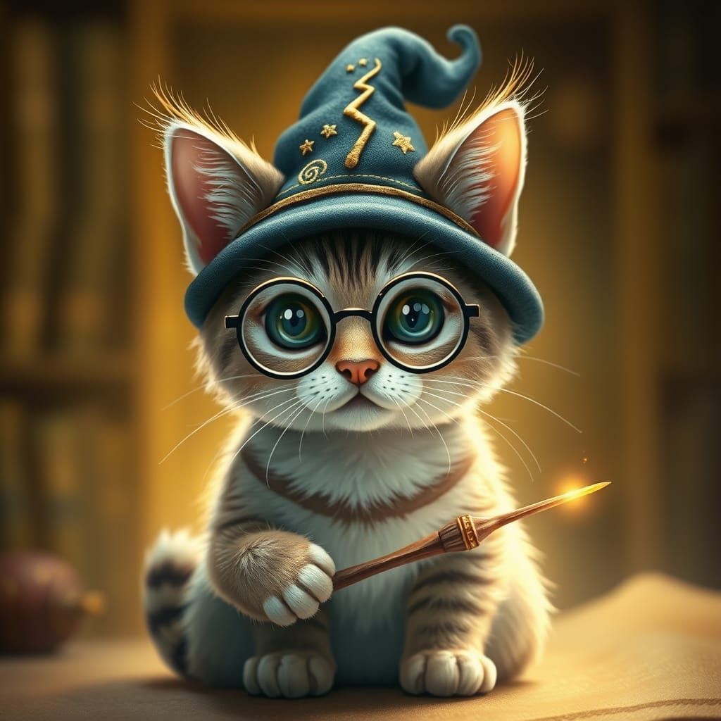 Feline Wizard Wears Magical Hat and Wand - AI Art