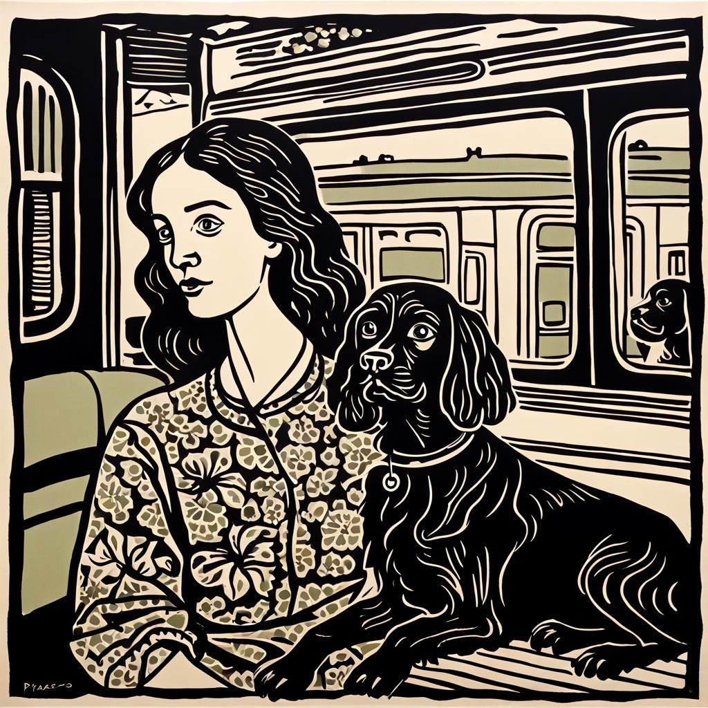 Woman and Dog - Block Print - AI Generated Artwork - NightCafe Creator