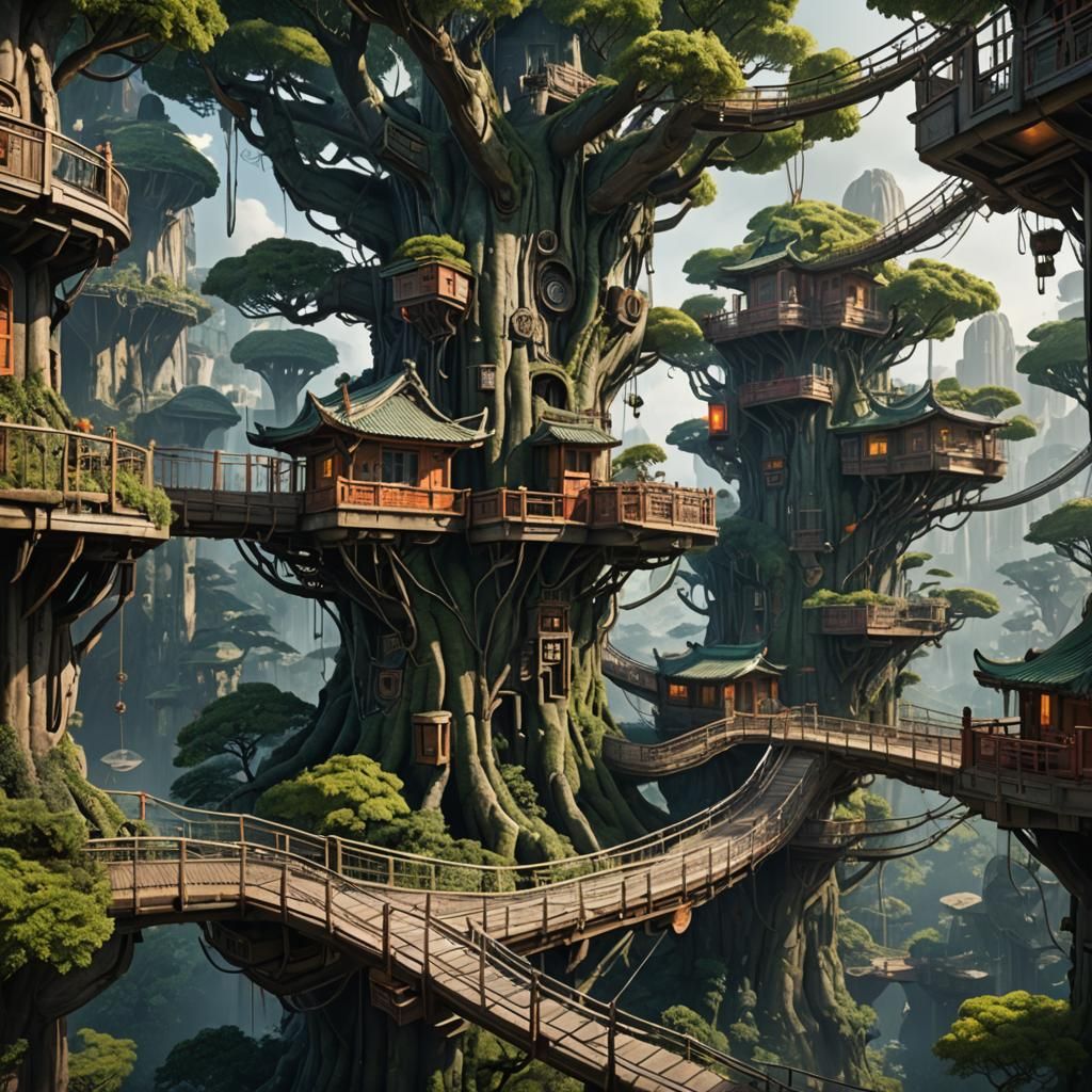 highly-detailed, sci-fi, treehouse city, sprawling trees, forest, rope ...