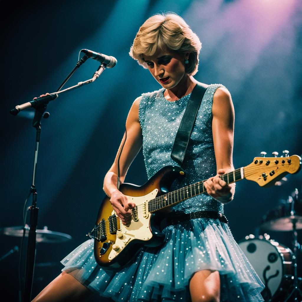 sad and crying princess diana playing the rock guitar onstage - AI ...