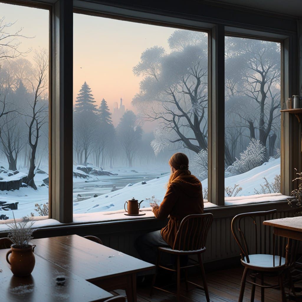 Ethereal Snow Queen Reflected in Frosty Windowpane - AI Art