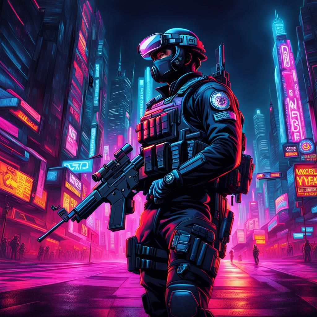 Retro Style SWAT Member in The Neon City... - AI Generated Artwork - NightCafe Creator