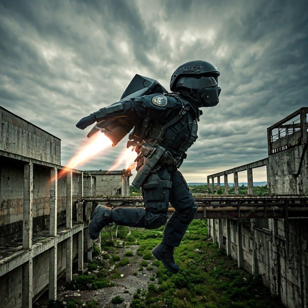 Gritty Female Cop Soars Above Abandoned Chemical P... - AI Art