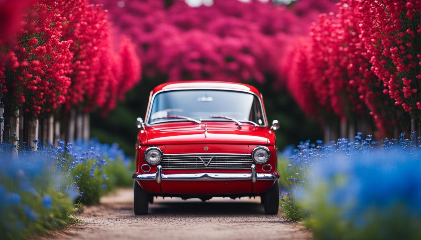 bright red car on a background of blue flowers - AI Generated Artwork ...