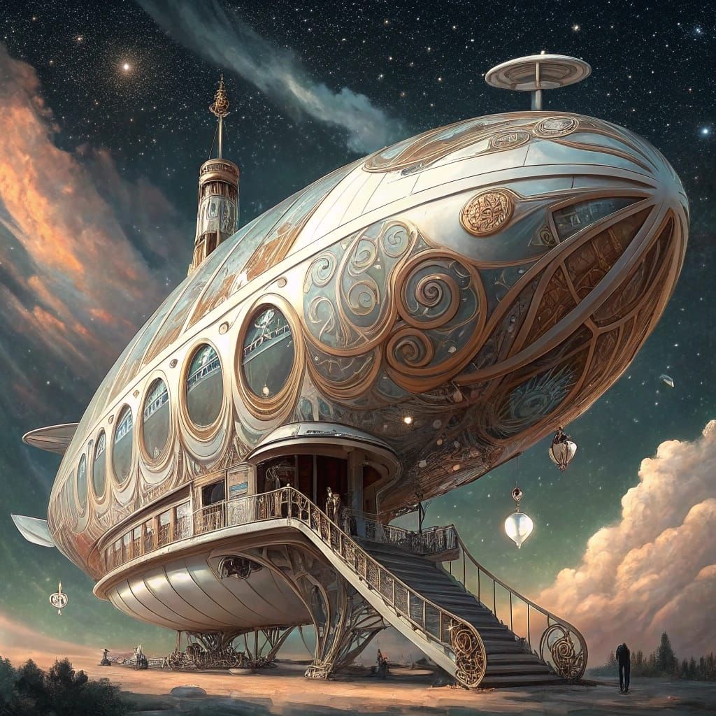 Sleek Futuristic Zeppelin Starship in Art Nouveau ... - AI Art