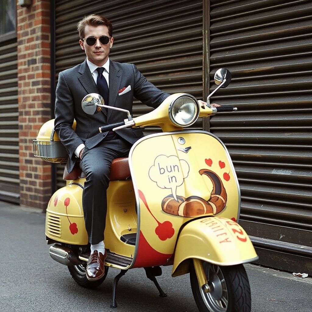 Mod on a mod scooter wrapped in "bun in the oven" artwork