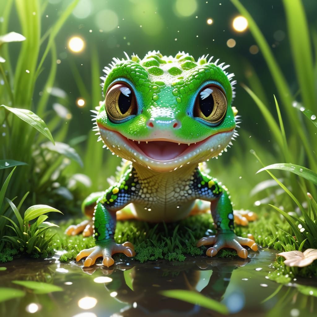 Yawning cute baby gecko with stars in his big adorable eyes ...