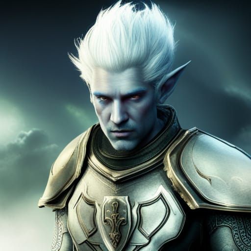 Male elf with light ale blue skin and white hair in knight armor - AI ...