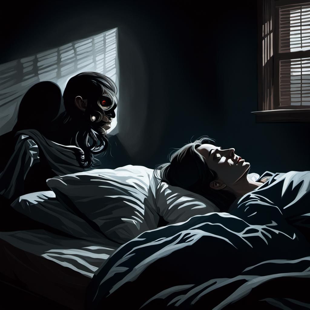 Woman in bed trying to sleep in a dark bedroom but is awoken by shadow ...