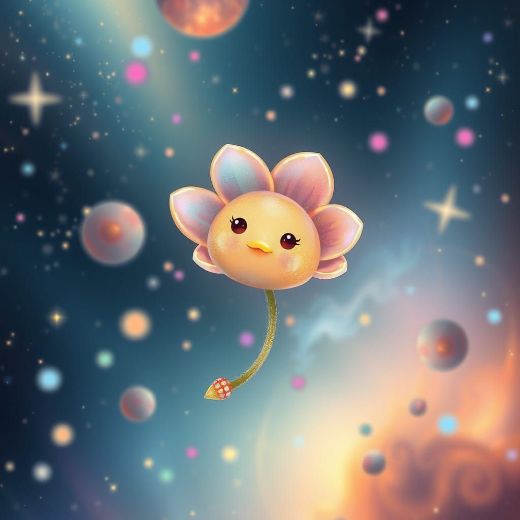 Celestial Whimsy: Iridescent Flower Being in Nebul... - AI Art