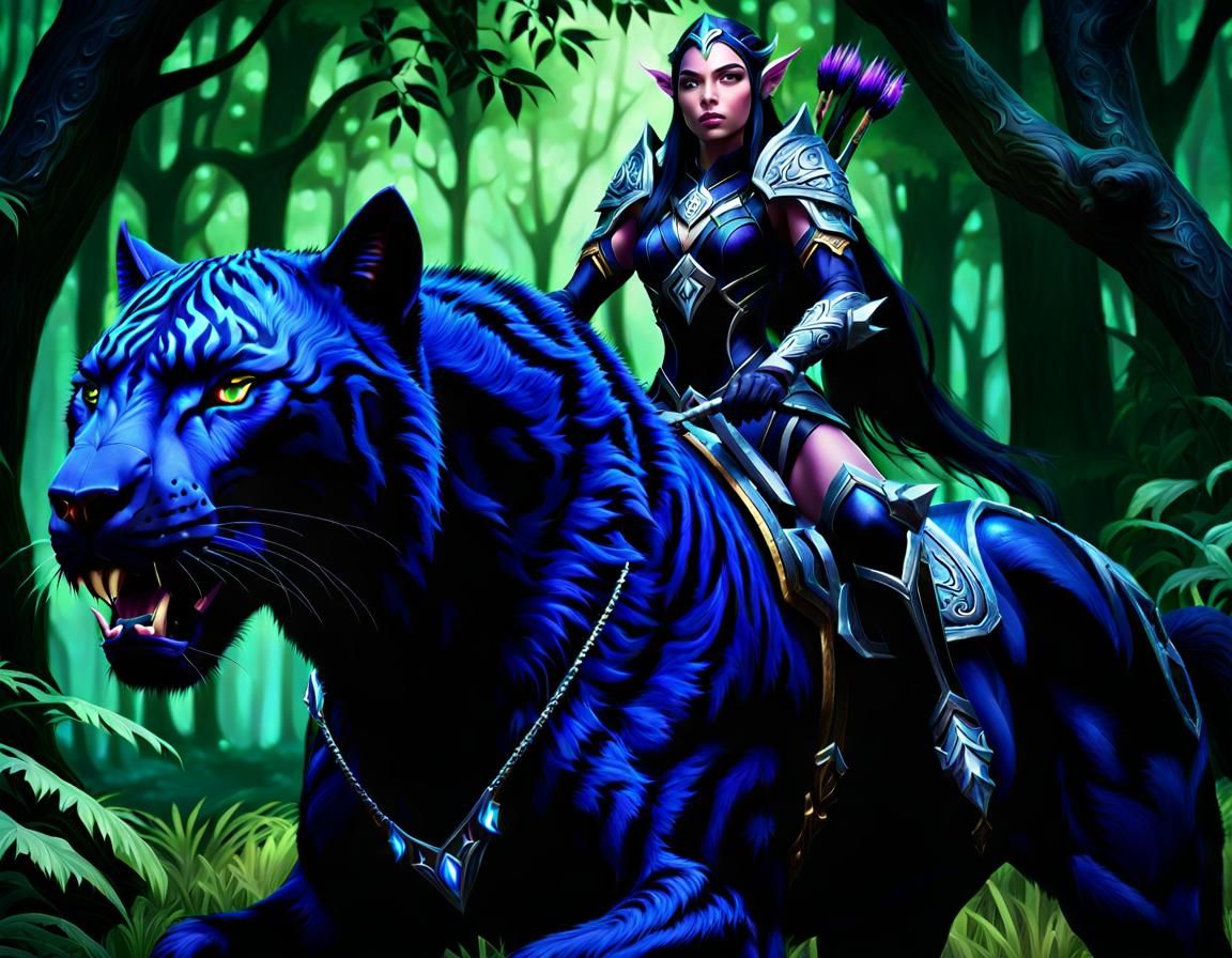 Night elf huntress riding a black panther - AI Generated Artwork ...