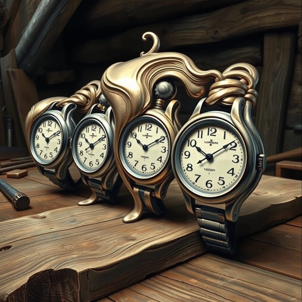 a Salvador Dali painting of a group of liquid metal vintage ...