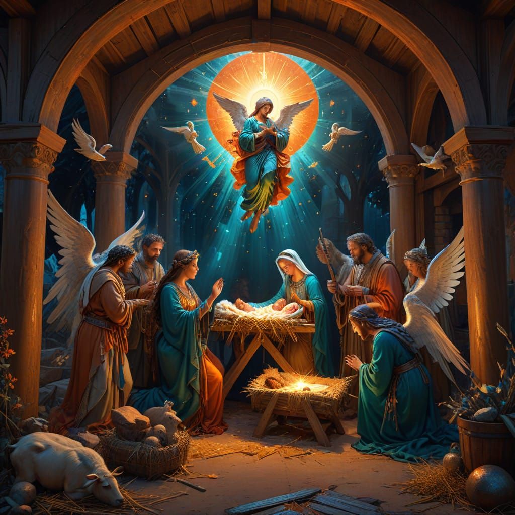 19th Century Nativity Scene with Angels in Oil Pai... - AI Art