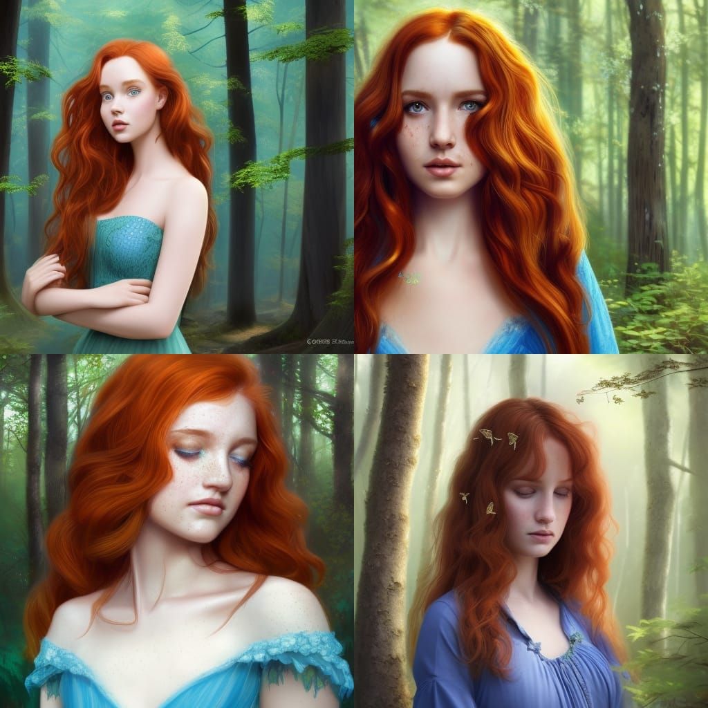the most beautiful princess with long wavy red hair, freckles, and ...