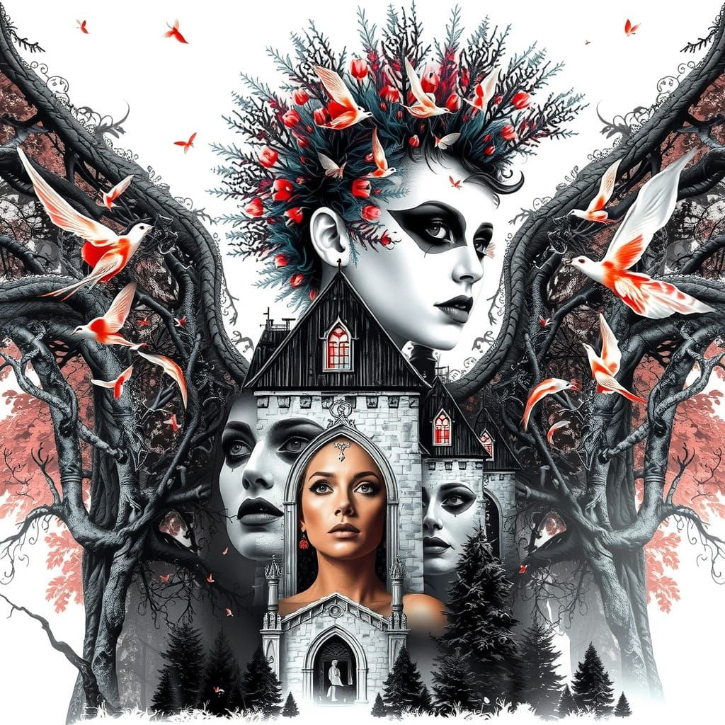 infrared multiple negative print enchanted Fairy tale castle, faces of ...