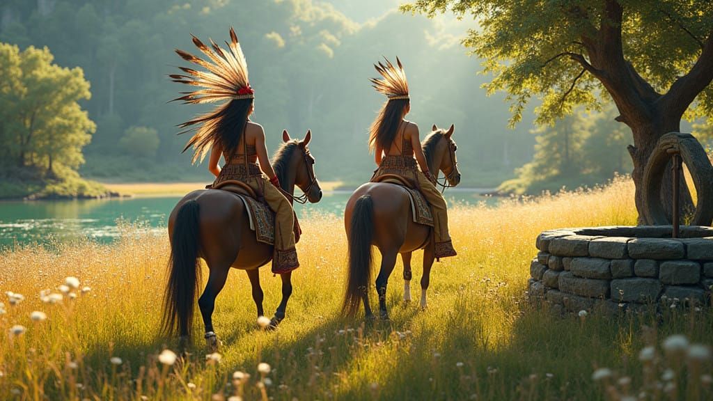 Two mystical Native American women, adorned with elaborate feathered ...