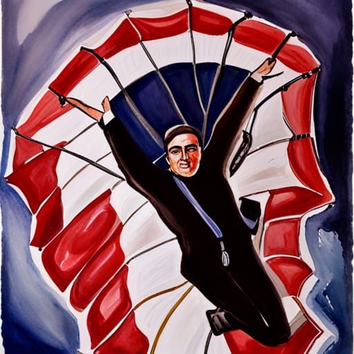 a painting of a person flying with a parachute, d. b. cooper skydiving ...