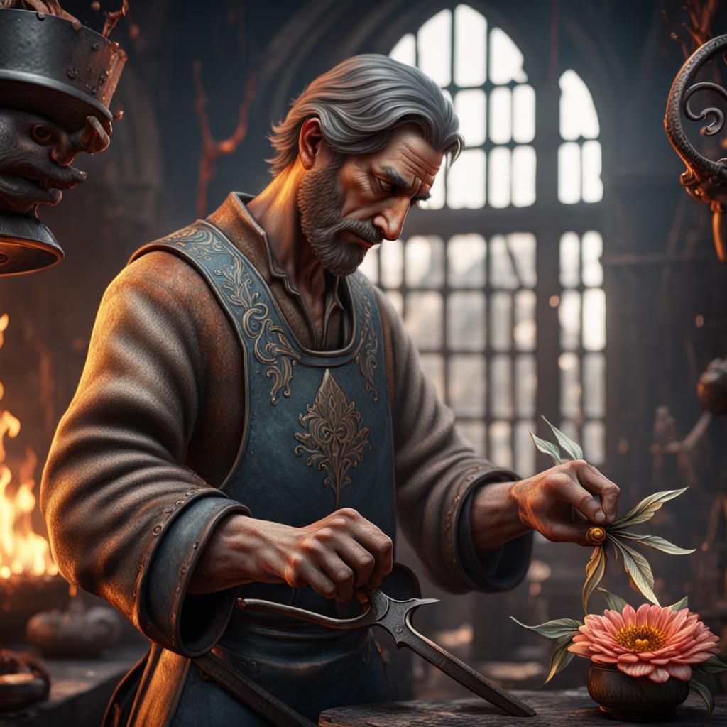 Blacksmith Tending Flower - AI Generated Artwork - NightCafe Creator
