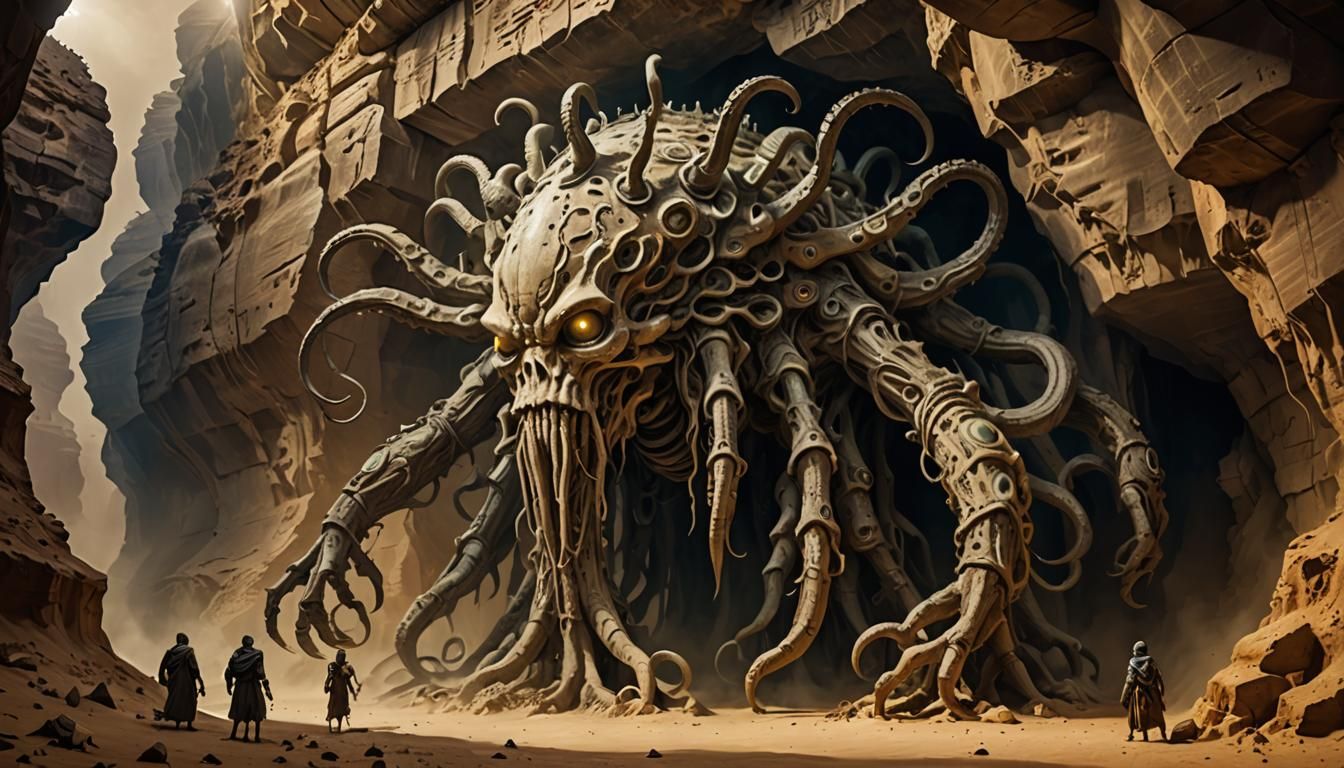 A massive statue of an unknown otherworldly alien cteature with ...