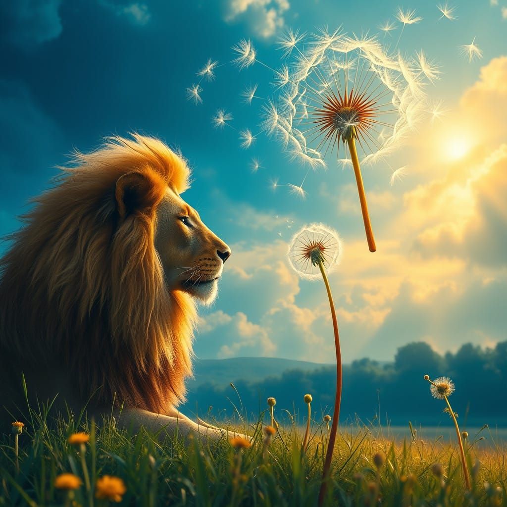 Majestic Lion Contemplates Dandelion Seed Amidst V... - AI Art