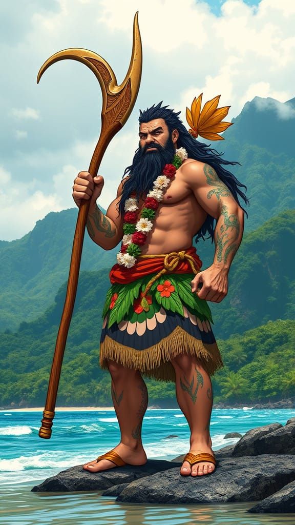 Maui, Polynesian Demigod Hero, Standing on Volcani... - AI Art