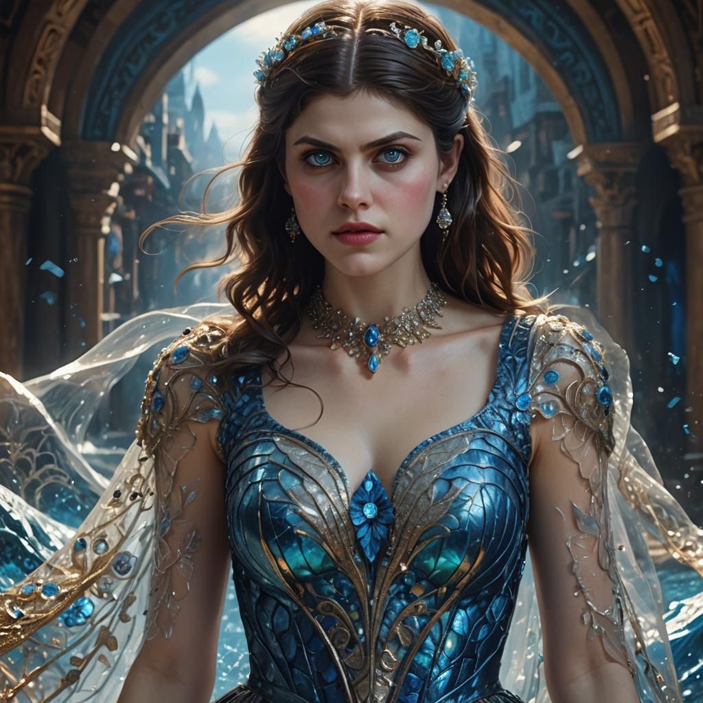 young Alexandra wearing a liquid gown and looking at us. big bright ...