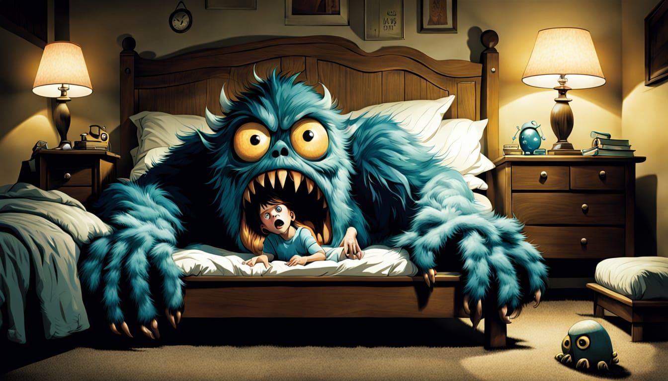 Frightened Child Faces Lurking Monster in Dark Bed... - AI Art