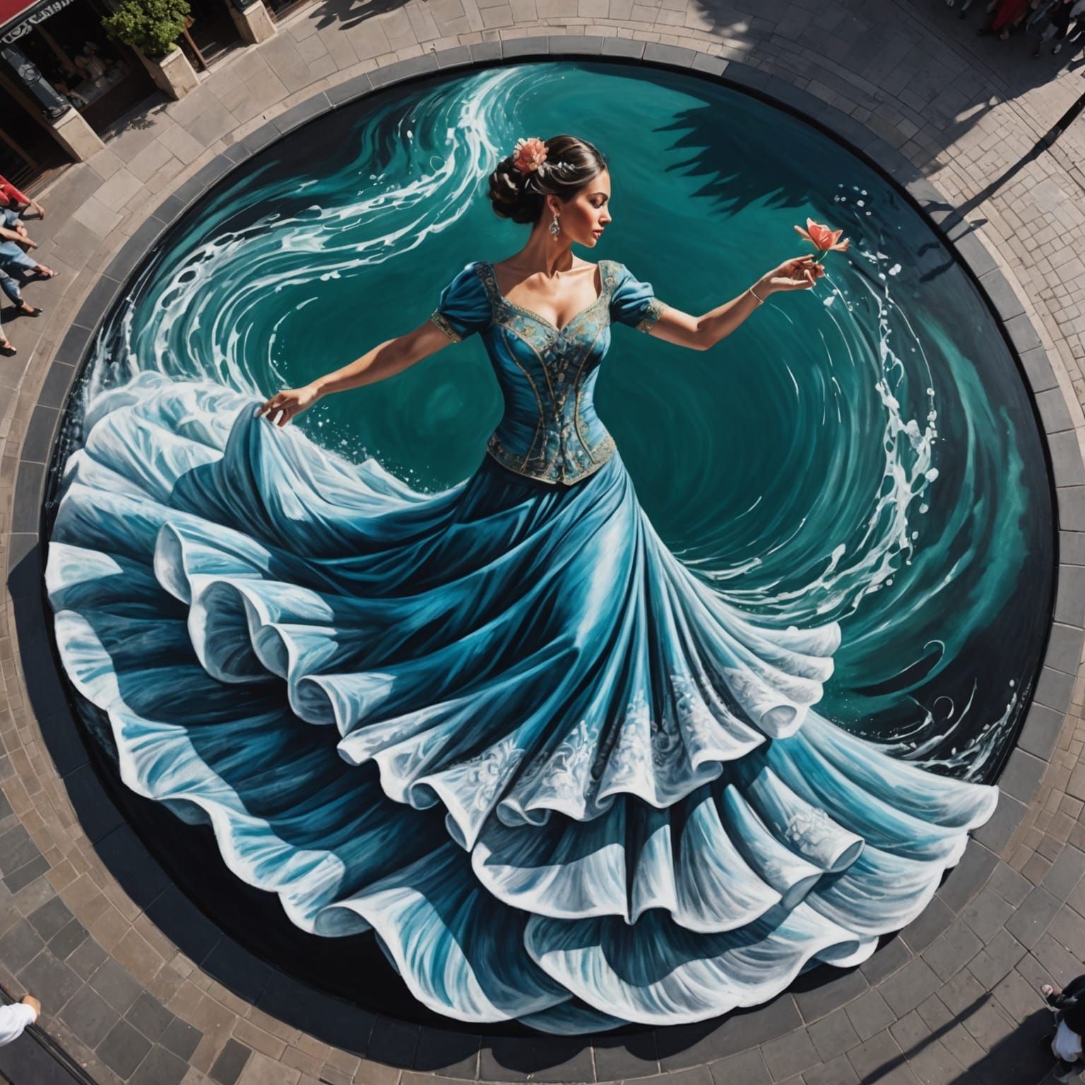 Overhead picture of Hyper detailed 2d chalk mural a sidewalk, obvious ...