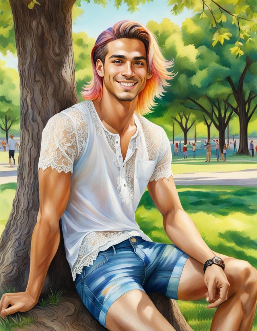 Young Man in the Park (Colored Pencil Drawing) - AI Generated Artwork ...
