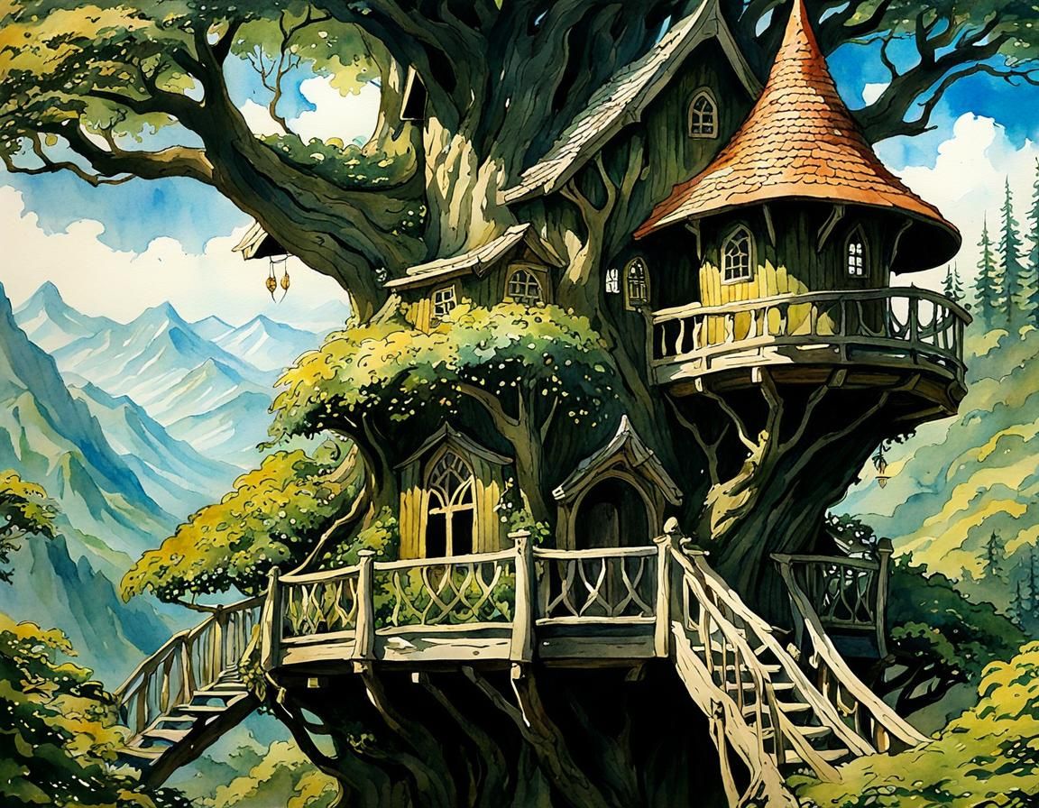 Elven Treehouse - AI Generated Artwork - NightCafe Creator