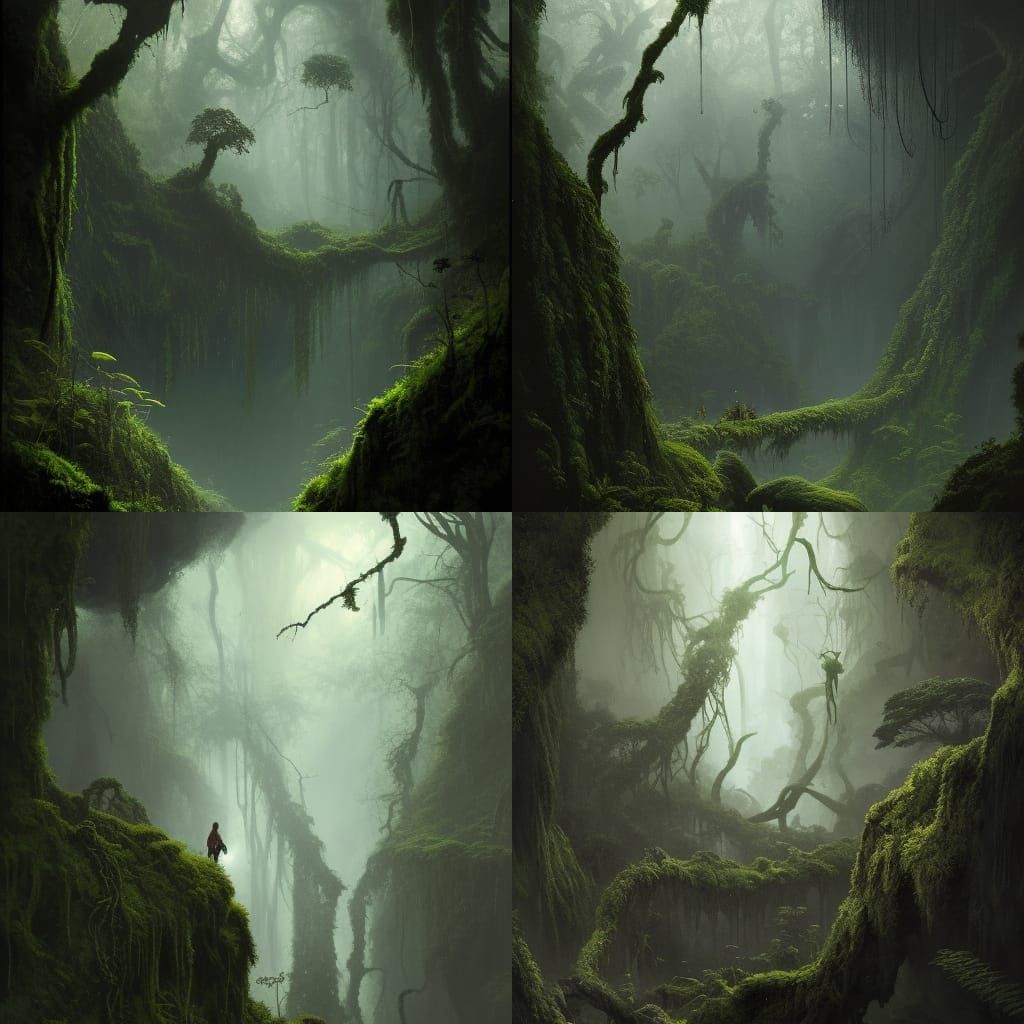 deep dense underground jungle, mossy overgrown cliffs and dripstone ...