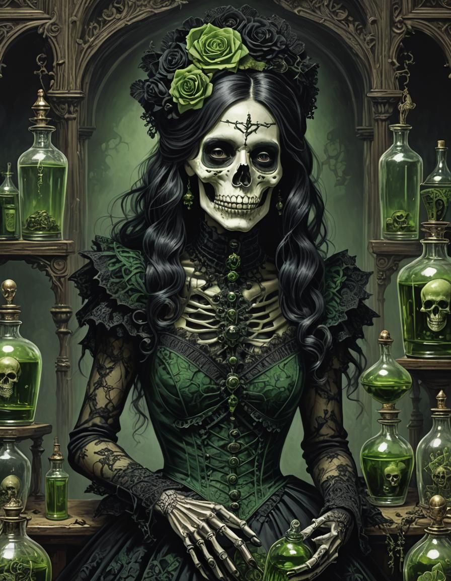 gothic dark green black lace victorian skeleton woman with poison ...
