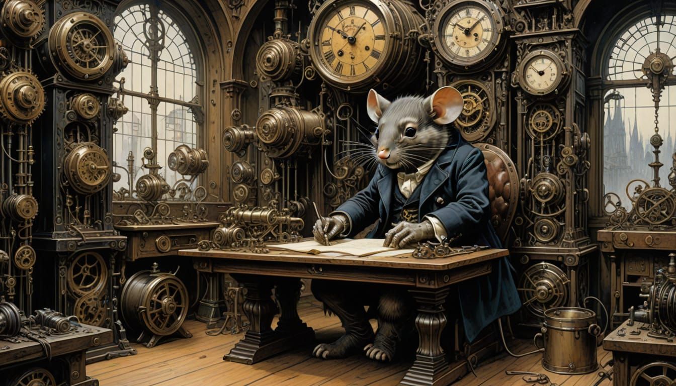 Whimsical Mousy Clockmaker at Work - AI Art