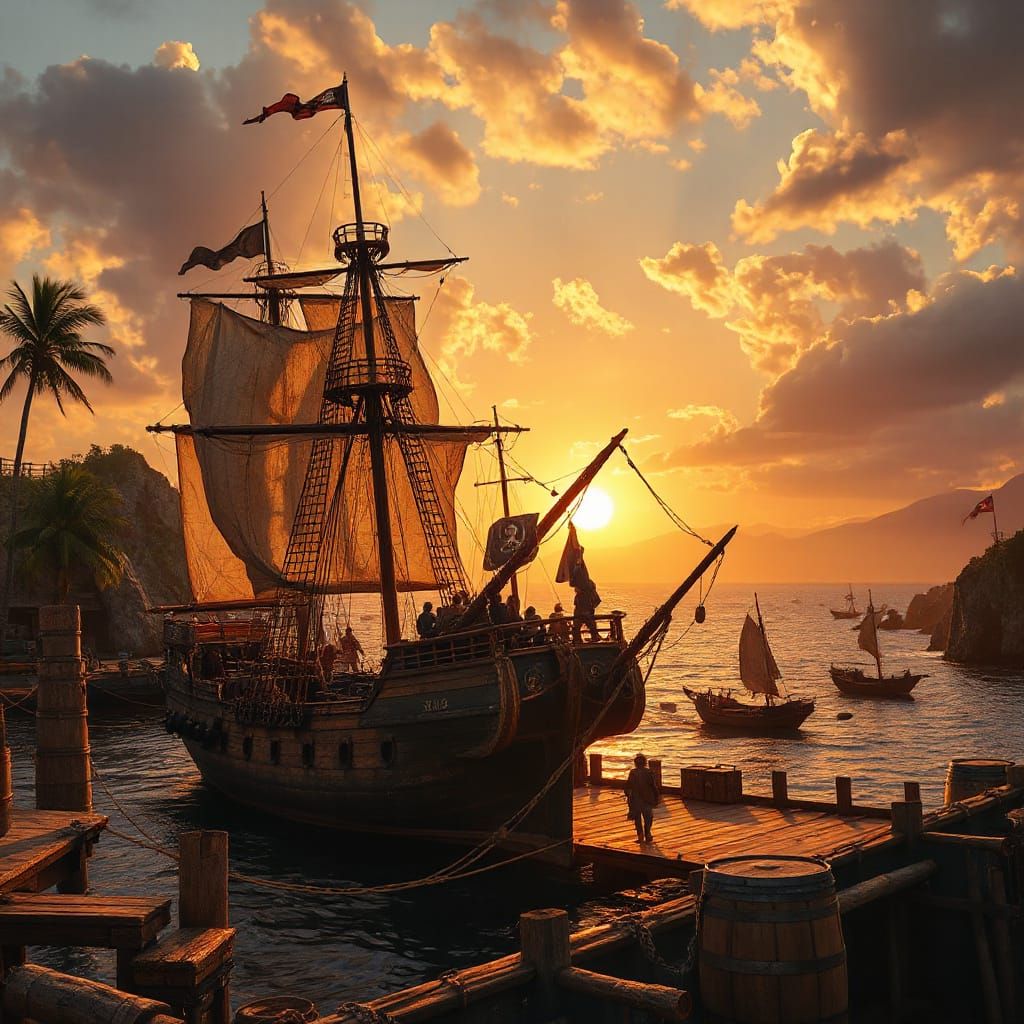 galleon ship docked in a lively pirate port bathed in the golden hues ...