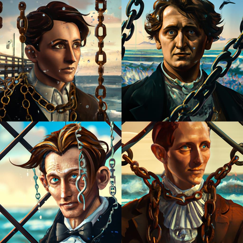 Harry Houdini in chains on a pier overlooking the ocean - AI Generated ...