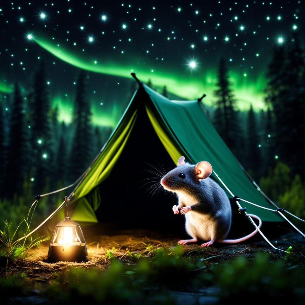 Photography, hyperrealistic, mouse at campsite tent with green glowing ...