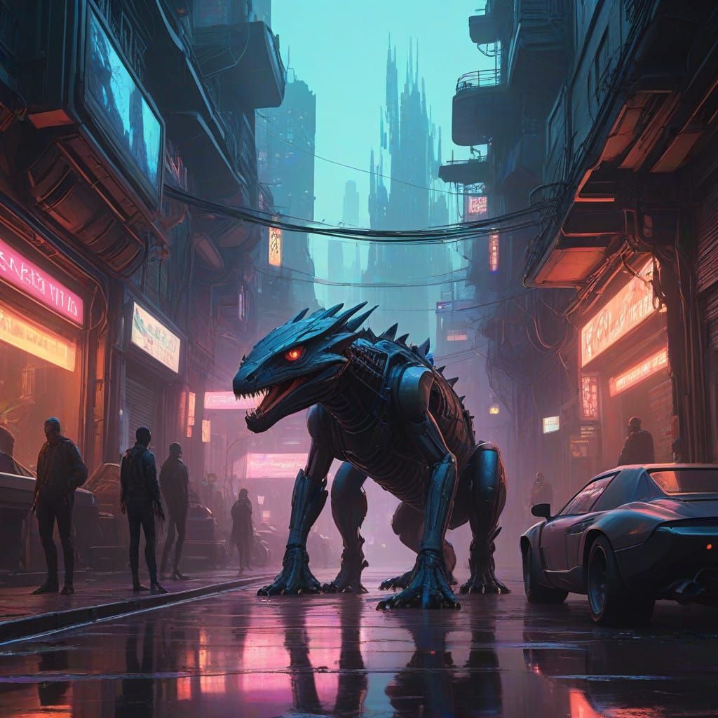 Cyberpunk Kobolds Navigate Dystopian Metropolis - AI Art