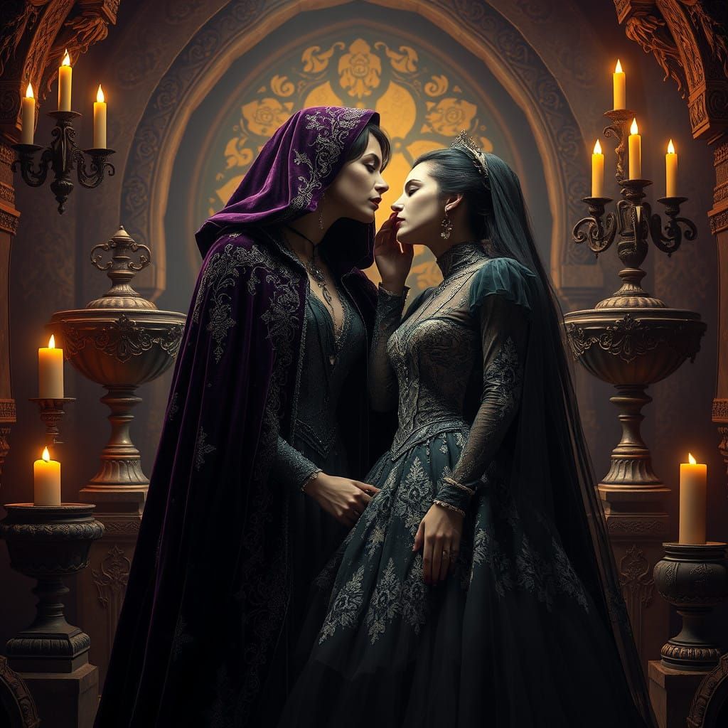 Majestic Vampire Goddess in Velvet Cloak Kissing a... - AI Art