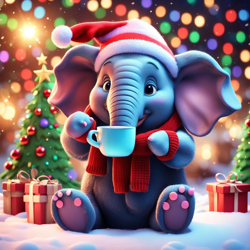 cute christmas elephant with a beanie on, holding cup of coffee ...