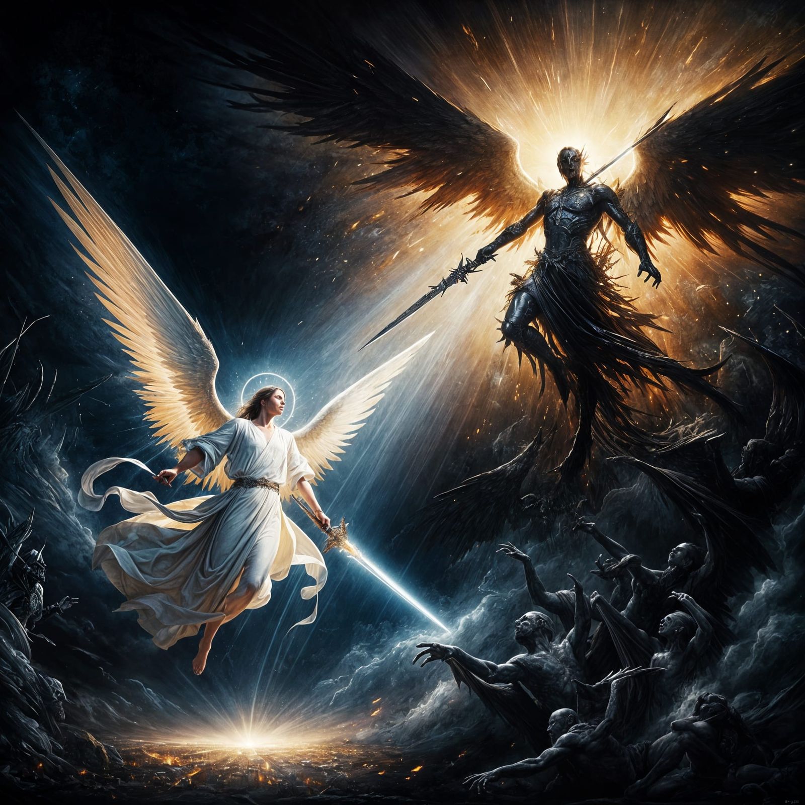 A dramatic tenebrism-style oil painting depicting an intense dynamic ...