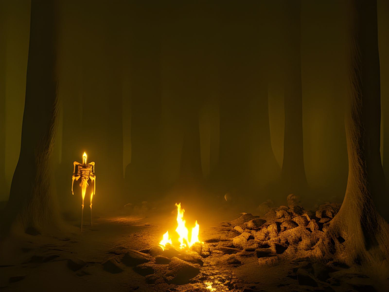 dark evil skeleton bone forest lit by floating fire demons H.P ...