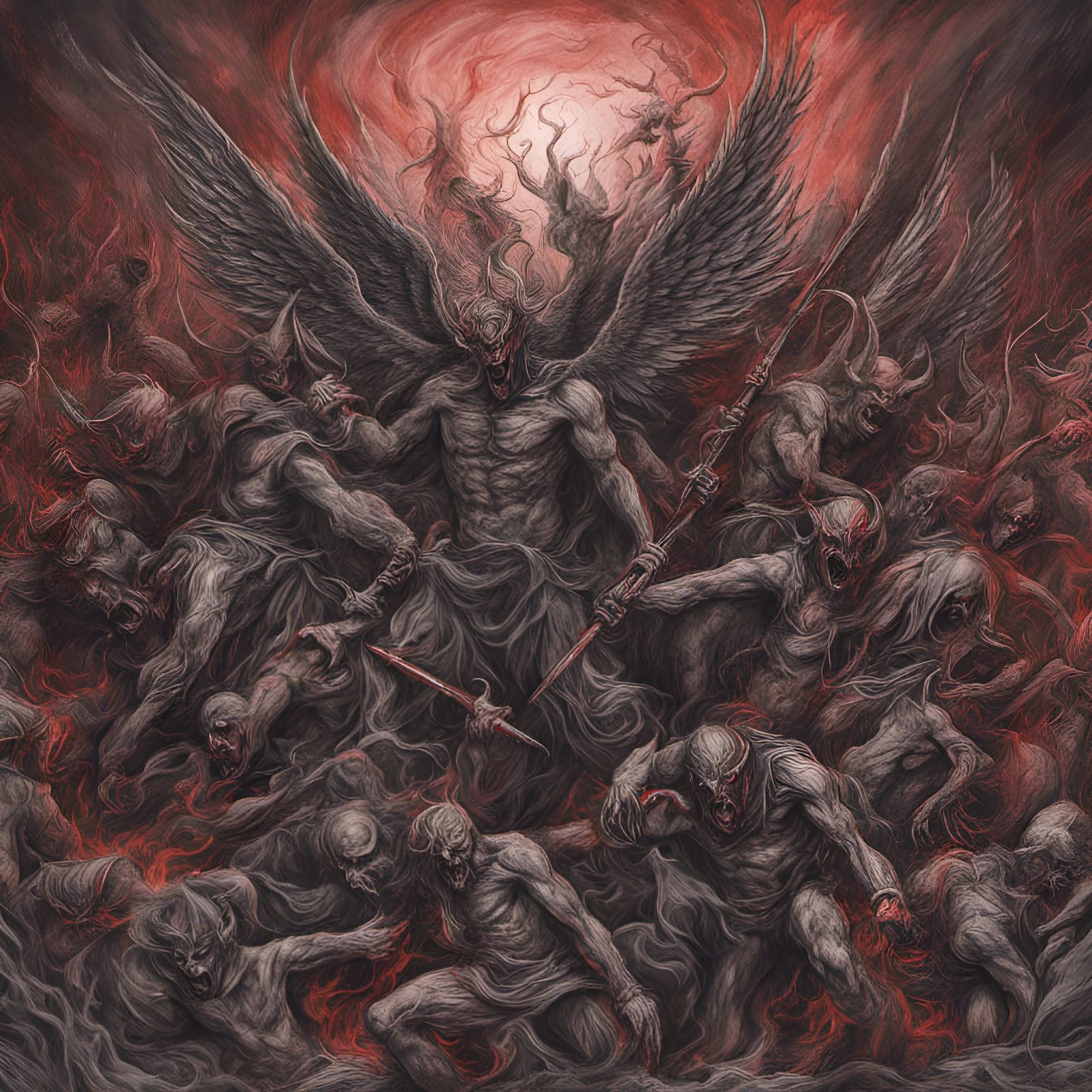 The demons of hell fight the fallen angel in hell red mist black metal style details 8k - AI ...