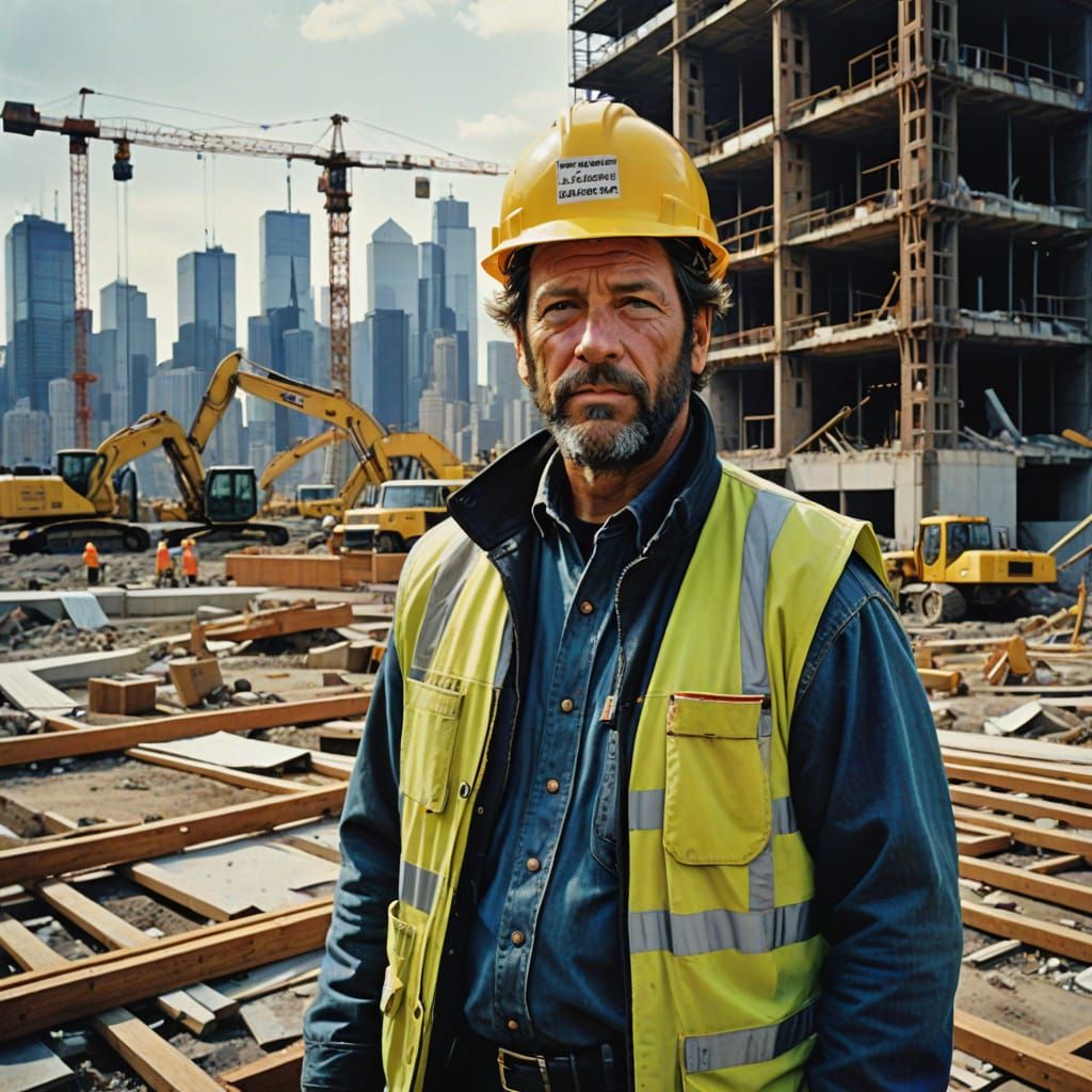 Construction Worker Amidst Gritty Urban Landscape - AI Art