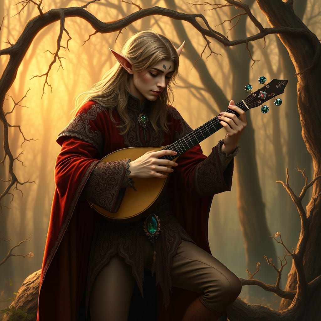 Elven Bard in Whimsical Forest Scene - AI Art