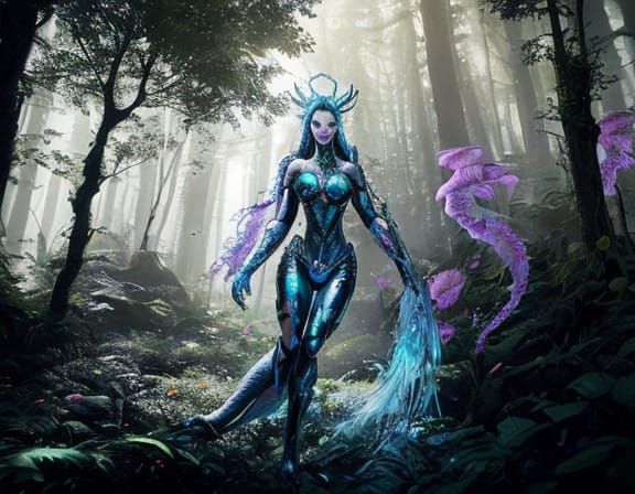 Cybernetic Mermaid Goddess Shines in Vibrant Fores... - AI Art