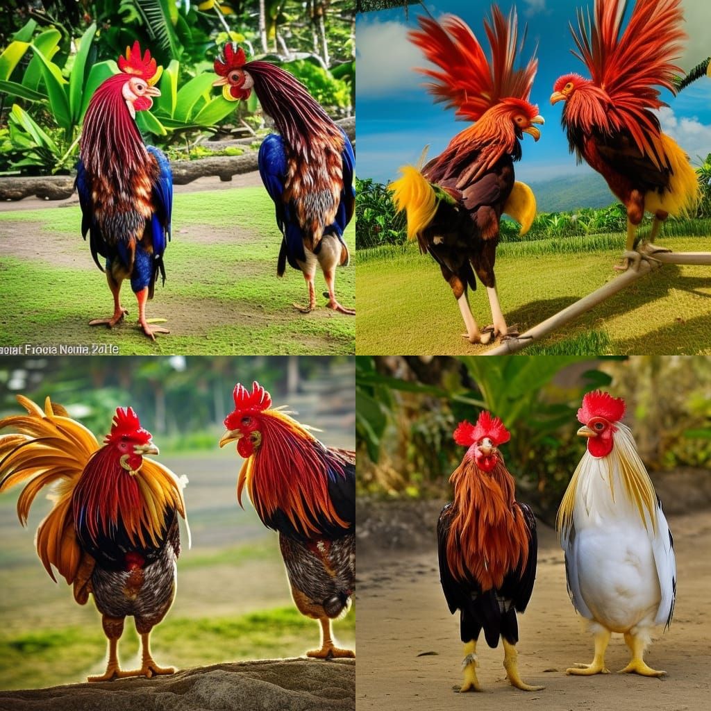 Two Fighting roosters in Bali feathers, wattles and spurs clearly ...
