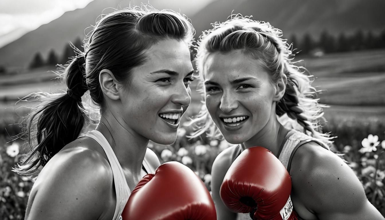GIRL POWER! Annette Fetscherin boxing with red gloves vs a friend. 1930 ...
