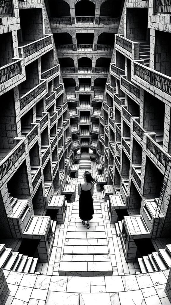 M.C. Escher, Infinite square staircase tessellation, reflecting Escher ...