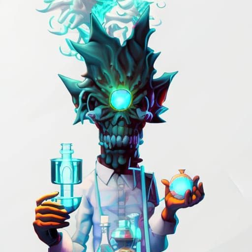 Rick Sanchez (of Rick n Morty) as mad scientist, laboratory with flasks ...